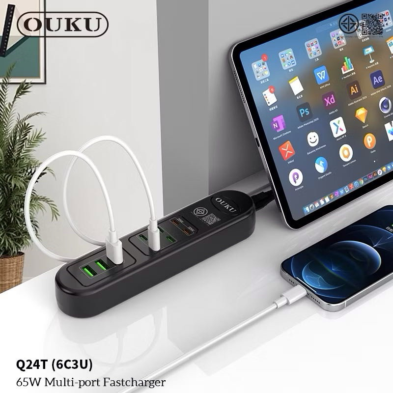 ปลั๊กพ่วงชาร์จเร็ว 65W ยาว 1.5เมตร 9ช่องชาร์จ 3USB-A/6USB-C ขนาดพกพา น้ำหนักเบา OUKU Q24T ...
