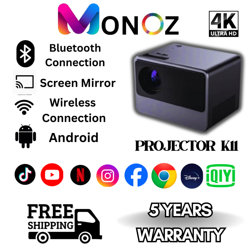 Monoz k11 ขาตั้งและหน้าจอฟรี โปรเจคเตอร์พกพา 4K UHD 6000 Lumens ขนาดจอ ...