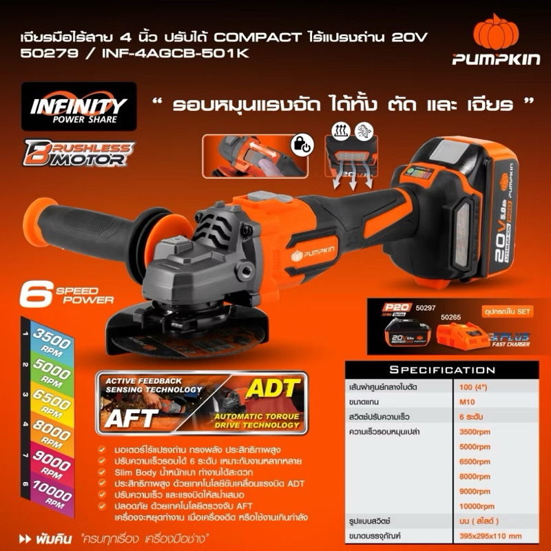 🔥รุ่นปี2025 แบต5Ah🔥 เจียรไร้สาย 4 นิ้ว PUMPKIN 50279 INF-46AGCB-501K ...