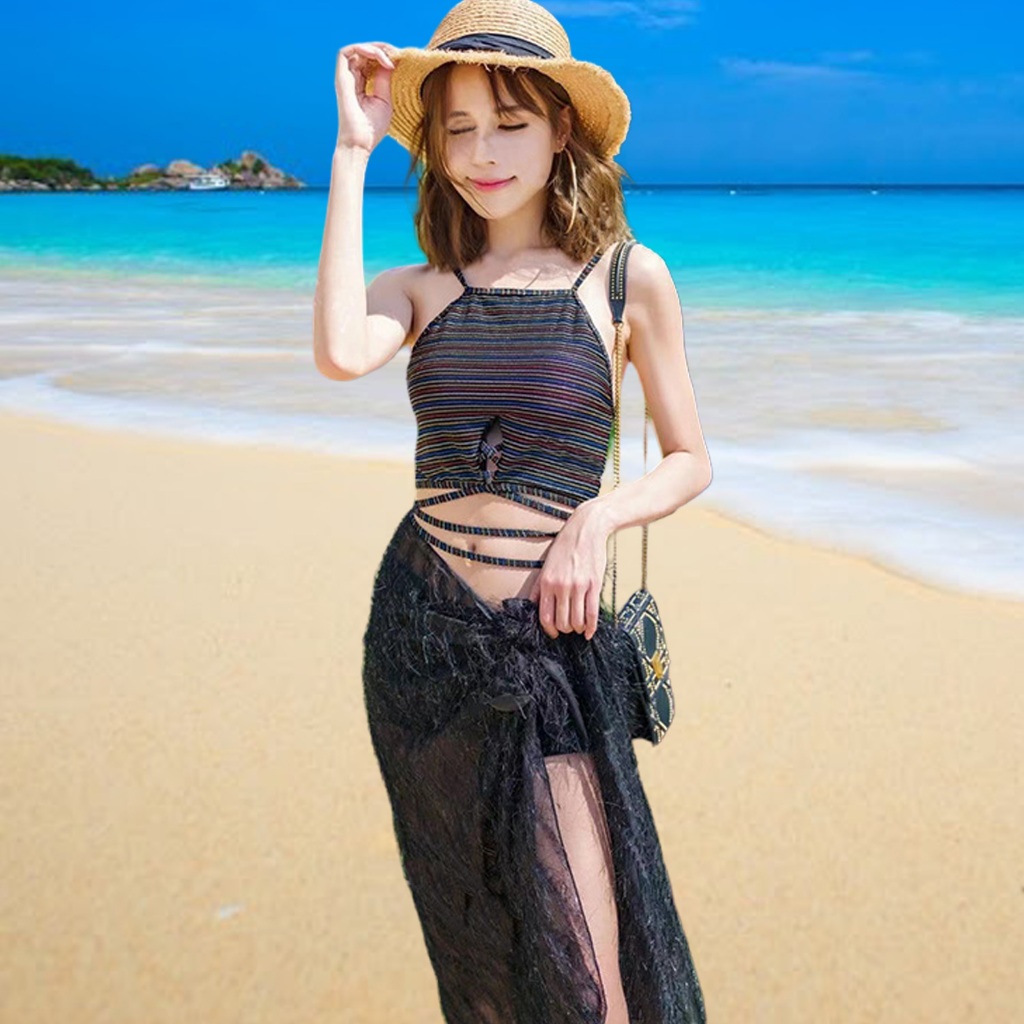 ชุดว่ายน้ำหญิง ทูพีส พร้อมผ้าคลุม ลายโบฮีเมียน สวยเก๋มาก สีดำ รุ่น Q594 | Shopee Thailand