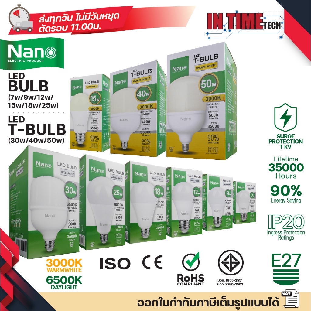 NANO หลอดไฟ LED Bulb ขั้ว E27 แสงขาว แสงเหลือง 7W 9W 12W 15W 18W 25W 30W 40W 50W รุ่น NL-E27 WDL ...