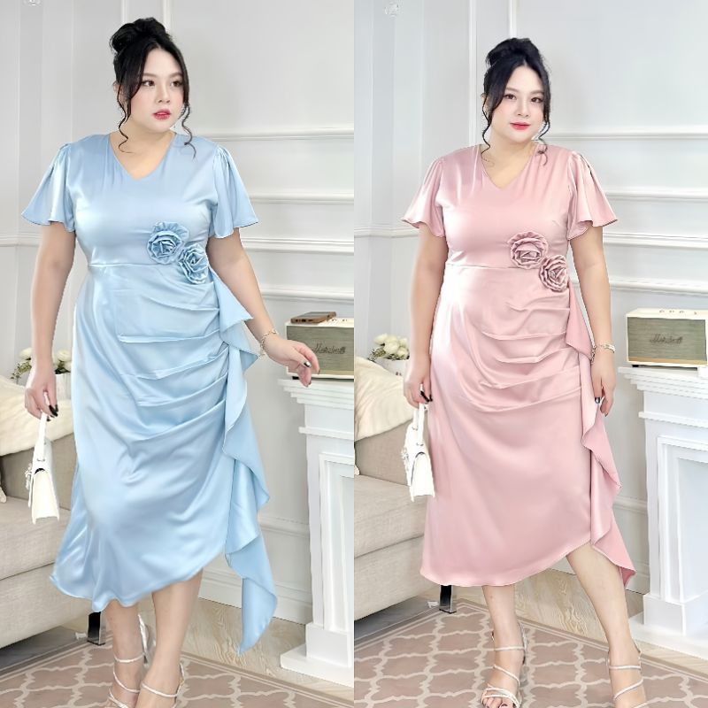 ชุดออกงานสาวอวบ เนื้อผ้าซิลซาติน คอวี เย็บดอกไ้ม้ช่วงเอว อก40-50นิ้ว Peppermint_PlusSize (692 ...