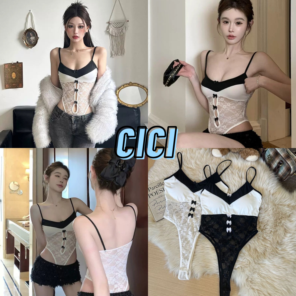 Cici(NO. M2045) บอดี้สูทสายเดี่ยว มีฟองน้ำ ซีทรูลายลูกไม้ กิมมิคติดโบว์จิ๋ว สไตล์เวียดนาม ...