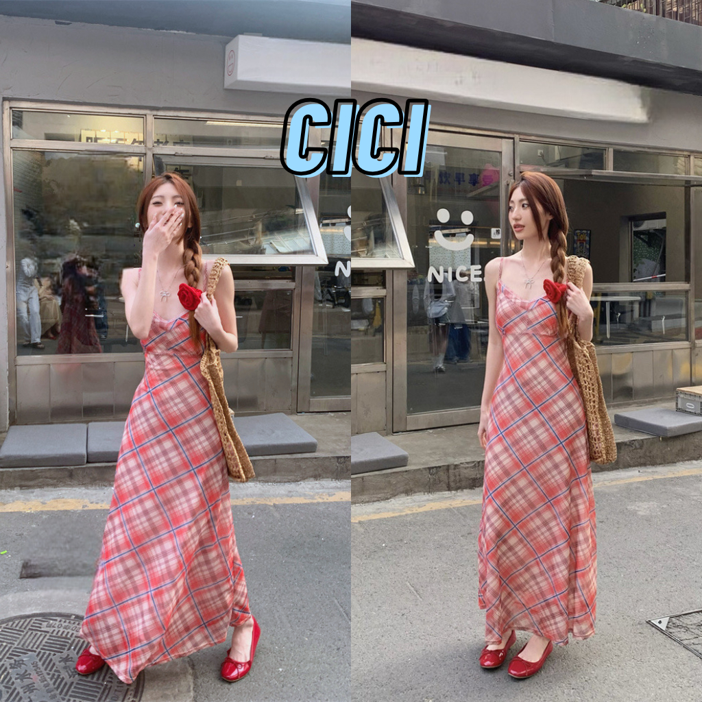 Cici(NO.S3167) เดรสสายเดี่ยวตาข่ายลายตารางสีแดง มีซับในผ้าดีเวอร์ สายปรับได้ | Shopee Thailand