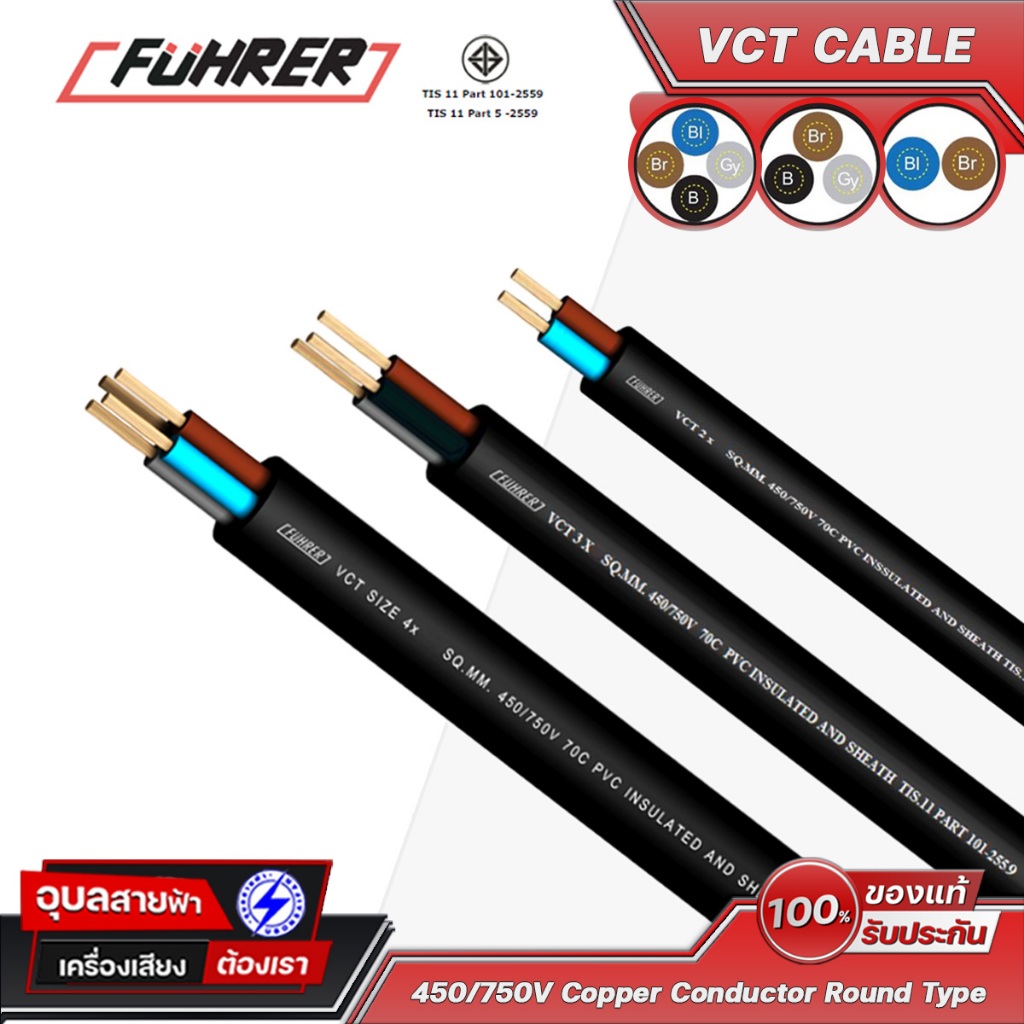 Fuhrer IEC52 VCT สายไฟวีซีที วัสดุอย่างดี นิ่มเก็บง่าย ทองแดงแท้ 300-500V High Voltage Power ...