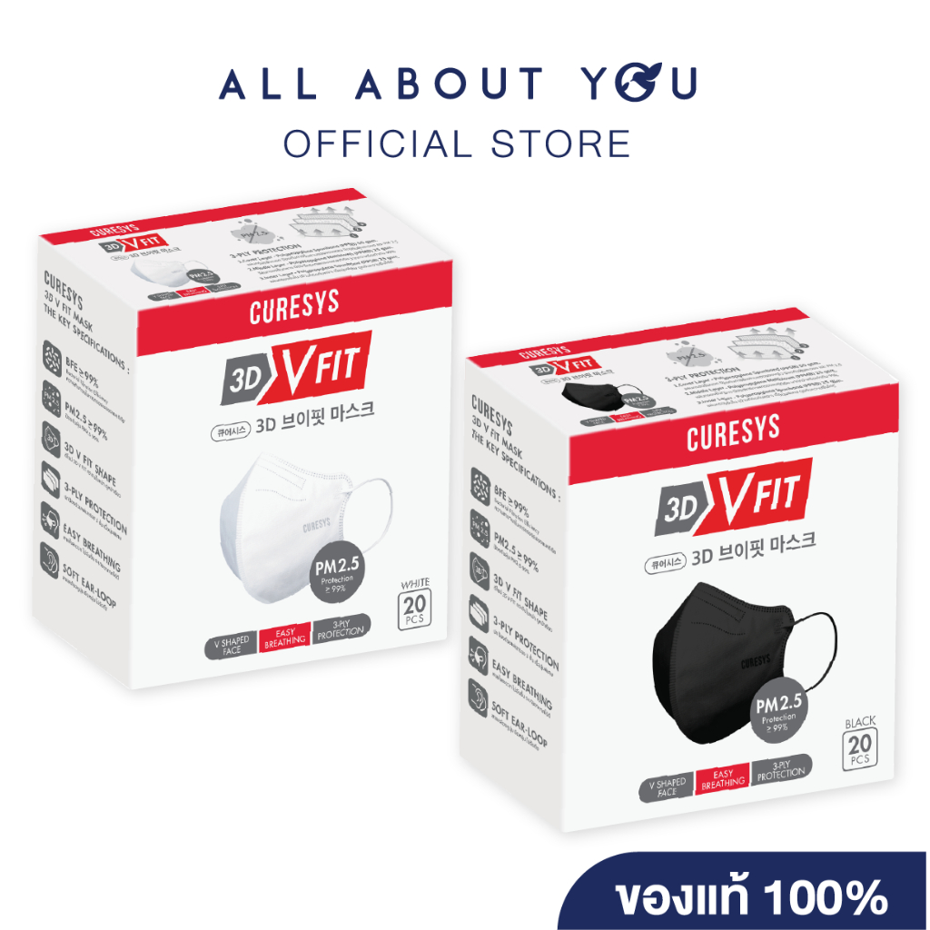 Curesys 3D VFit Mask 20 pcs White/Black เคียวร์ซิส หน้ากากอนามัยทรงวี ...