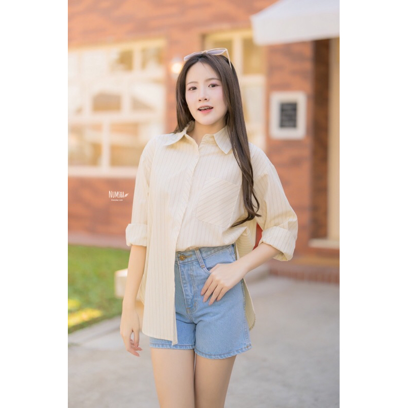 Numsha Brand เสื้อเชิ้ตลายทางกระเป๋าลายเฉียง 2573/NB24060 | Shopee Thailand