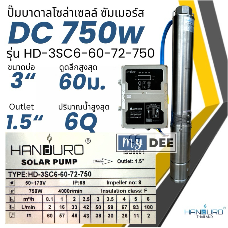 ปั๊มบาดาลโซล่าเซลล์ Handuro บ่อ 3 นิ้ว DC 750w outlet 1.5” 1.25”ปั๊มน้ำ ...