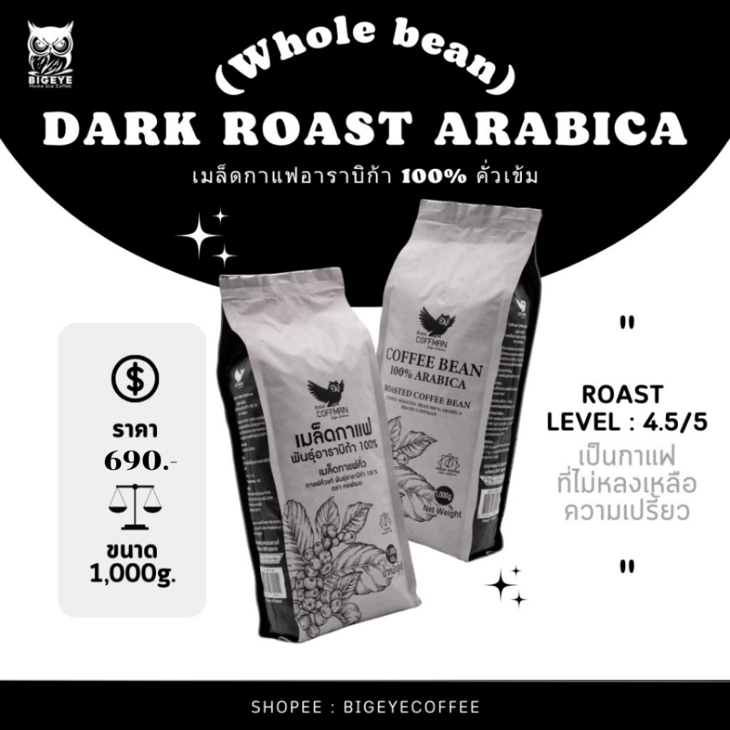 เมล็ดกาแฟอาราบิก้า 100% คั่วเข้ม (ขนาด 1 Kg) Dark Roast Arabica (Whole ...