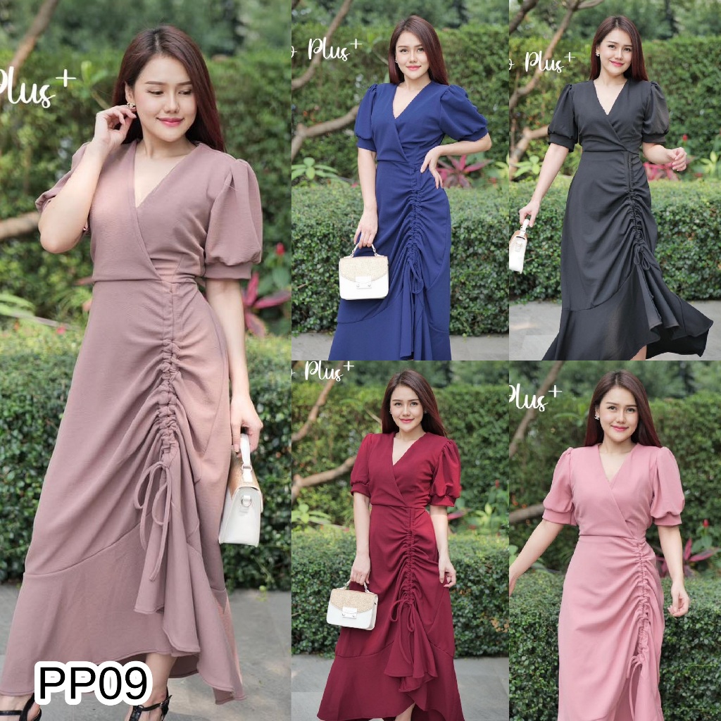 รหัสPP09 ชุดเดรสยาวออกงาน ชุดพรางหุ่น ชุดทำงาน ชุดสาวอวบ เนื้อผ้าวูฟเวล ...