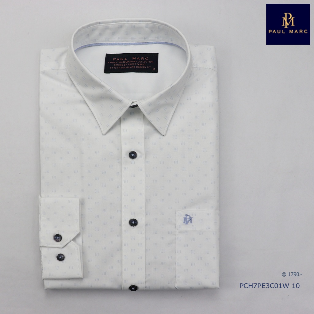 PAUL MARC เสื้่อเชิ้ตแขนยาวลายพิมพ์กราฟฟิก สีขาว slim fit รีดง่าย ยับ ...