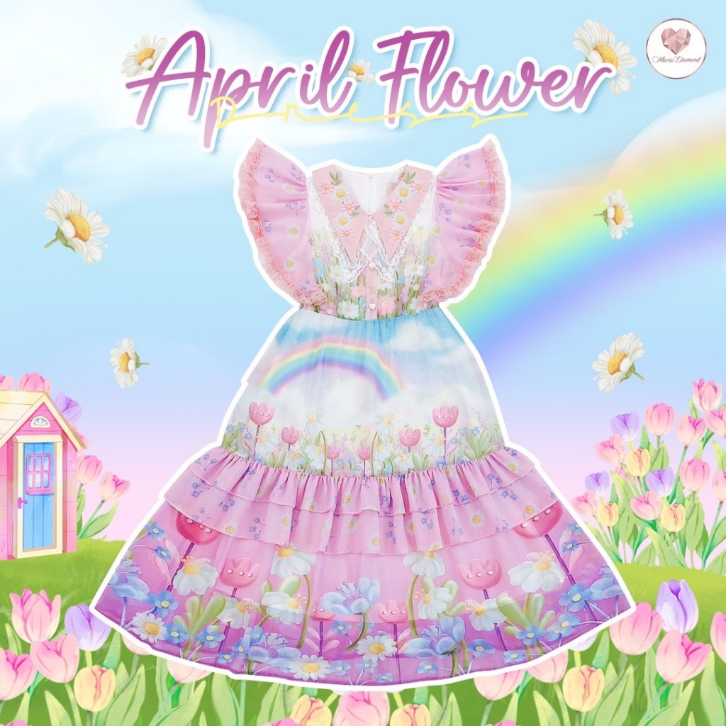 (มี 3XL) April Flower Dress เดรสยาวผ้าไหมชีฟองกลิตเตอร์ สีสดใส แขนแต่ง ...