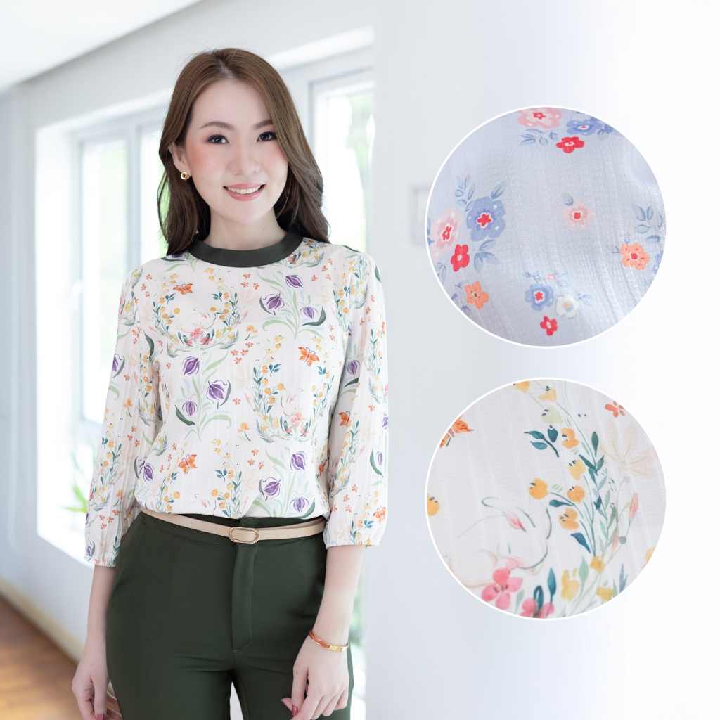 [สงกรานต์ส่งปกติ] Narinari : NT2509 Band Collar Floral Textured Blouse เสื้อแขนสี่ส่วน ลายดอก ...