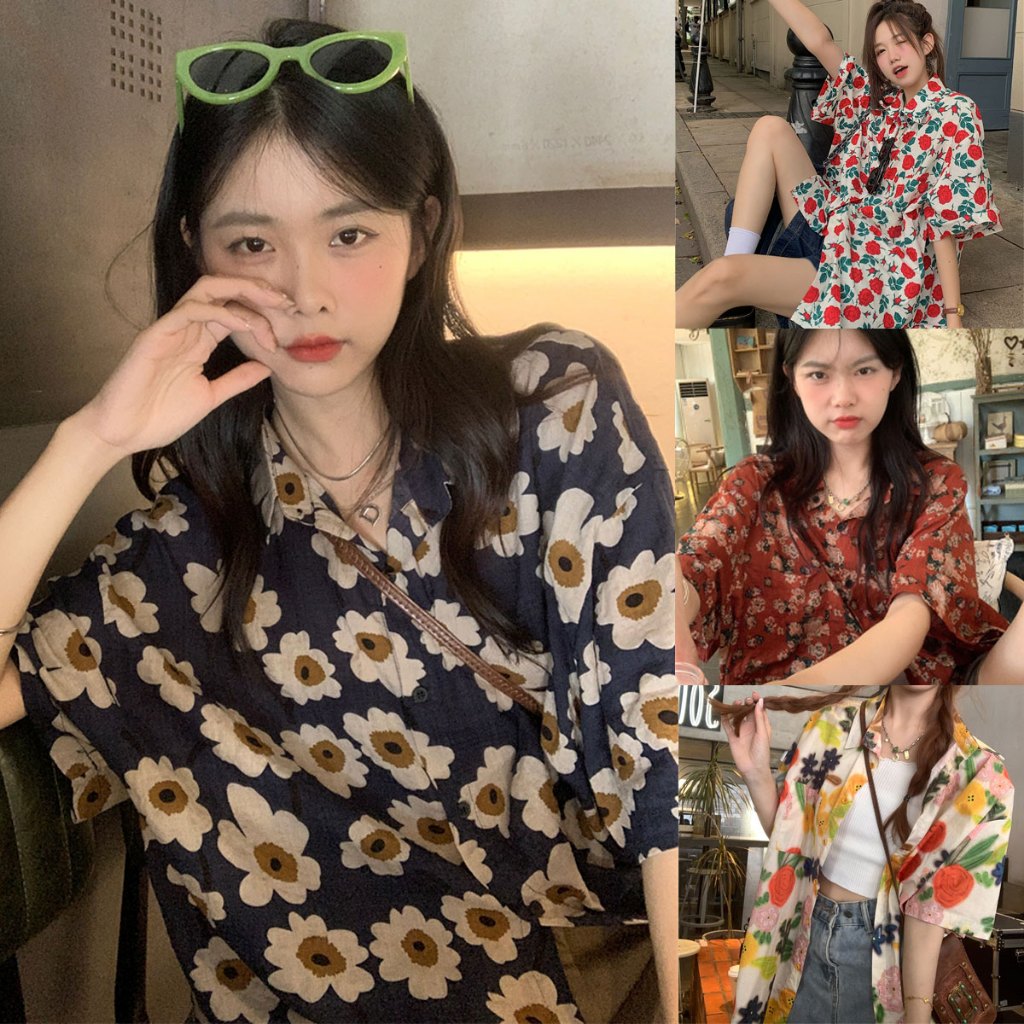 Cuties ️ w259 เชิ้ตคอปกฮาวาย เสื้อเกาหลีลายดอกทรงหลวมแฟชั่น ทรงเกาหลี ...