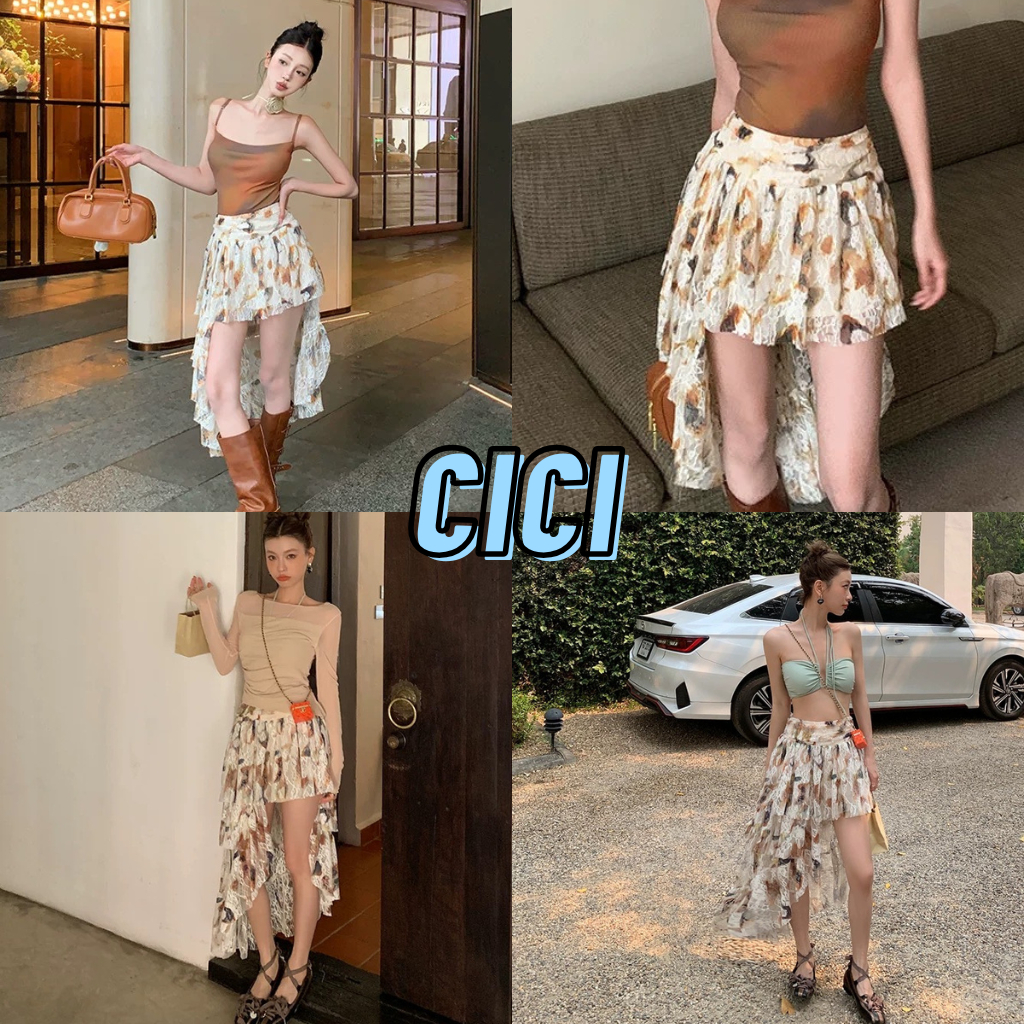 Cici(NO. 2525) กระโปรงผ้าตาข่าย แนววินเทจ มีซับใน ซิปข้าง สไตล์หน้าสั้นหลังยาว สไตล์สาวโบฮีเมี ...