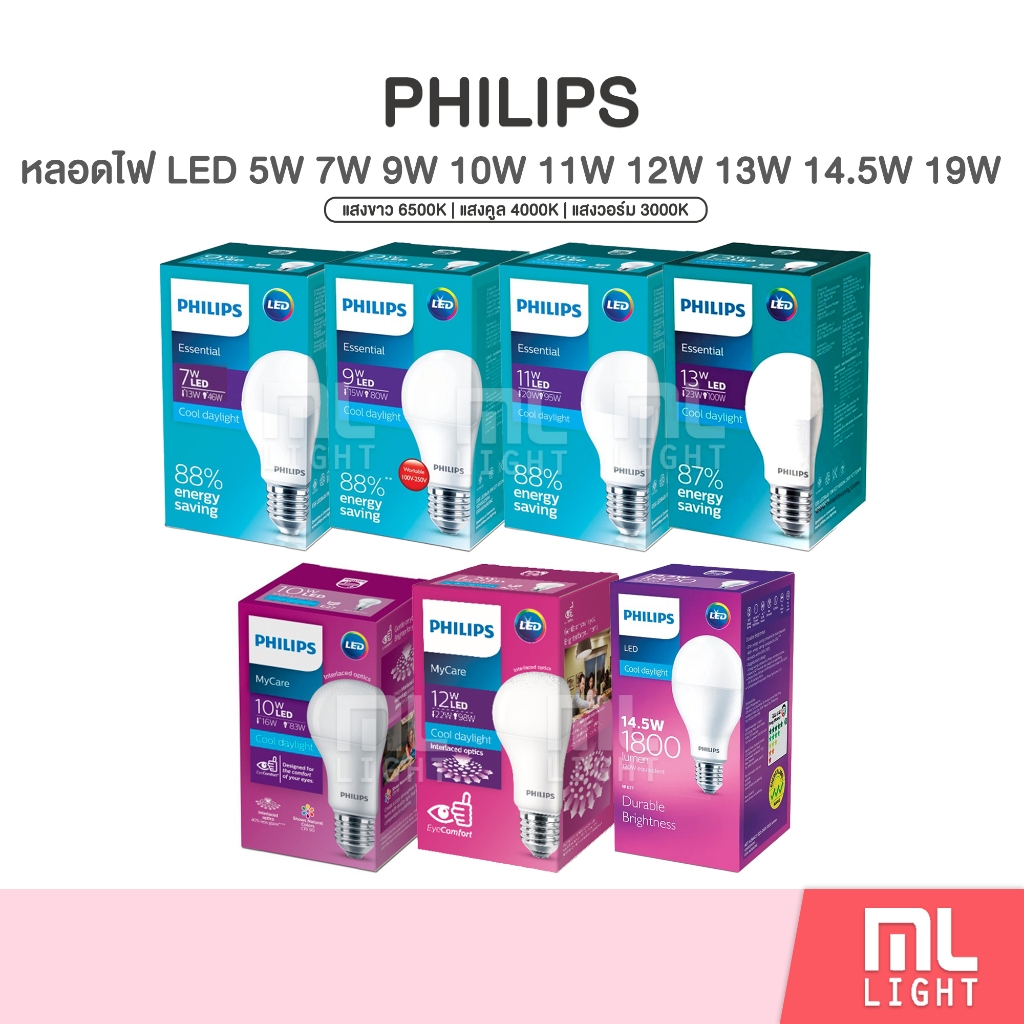 Philips หลอดไฟ blub LED 5W 7W 9W 11W 10W 12W 13W 14.5W 19W ขั้วหลอดไฟ ...