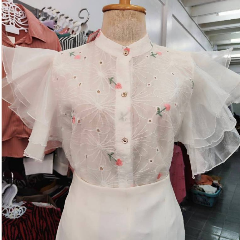 Belive[bl40] เสื้อคอ0uoอก40"แขนแต่งระบายผ้าแก้ว ใส่ออกงาน งานบุญงานแต่ง ...