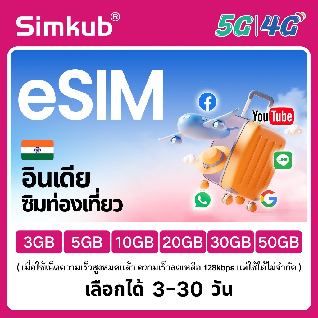 eSIM India ซิมท่องเที่ยว อินเดีย เน็ต 3-20GB รองรับ 4G เลือกได้ 3-30 วัน | Shopee Thailand