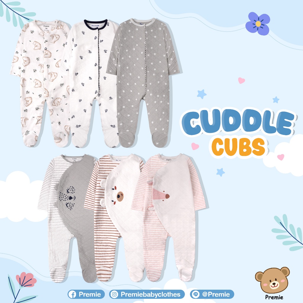 (Premie) Cuddle Cubs ชุดหมีคลุมเท้ากระดุมหน้าลายหมี จิ้งจอก แรคคูน ผ้าหนา นิ่ม เหมาะกับใส่ห้อง ...