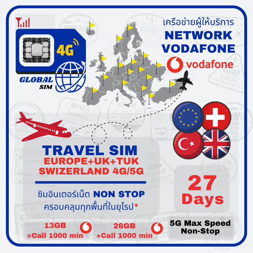 【The Global SIM】Europe SIM ซิมยุโรป Vodafone 27Days 4G/5G Max speed non ...