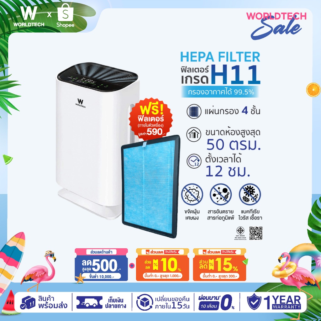 [พร้อมส่ง] Worldtech เครื่องฟอกอากาศ Air Purifier มอก.รับรอง พื้นที่ 40-50 ตรม.รุ่น WT-P50 ...