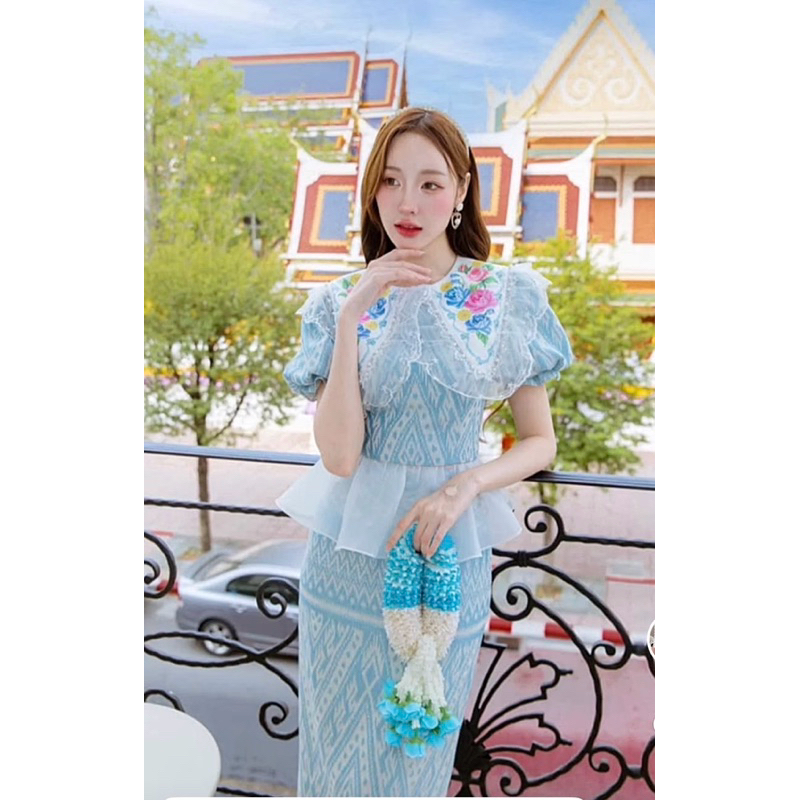 สินค้า New !!Maria Diamond Brand Size. M ชุดไทยประยุกต์ผ้าทอลายไทยสีฟ้า ...