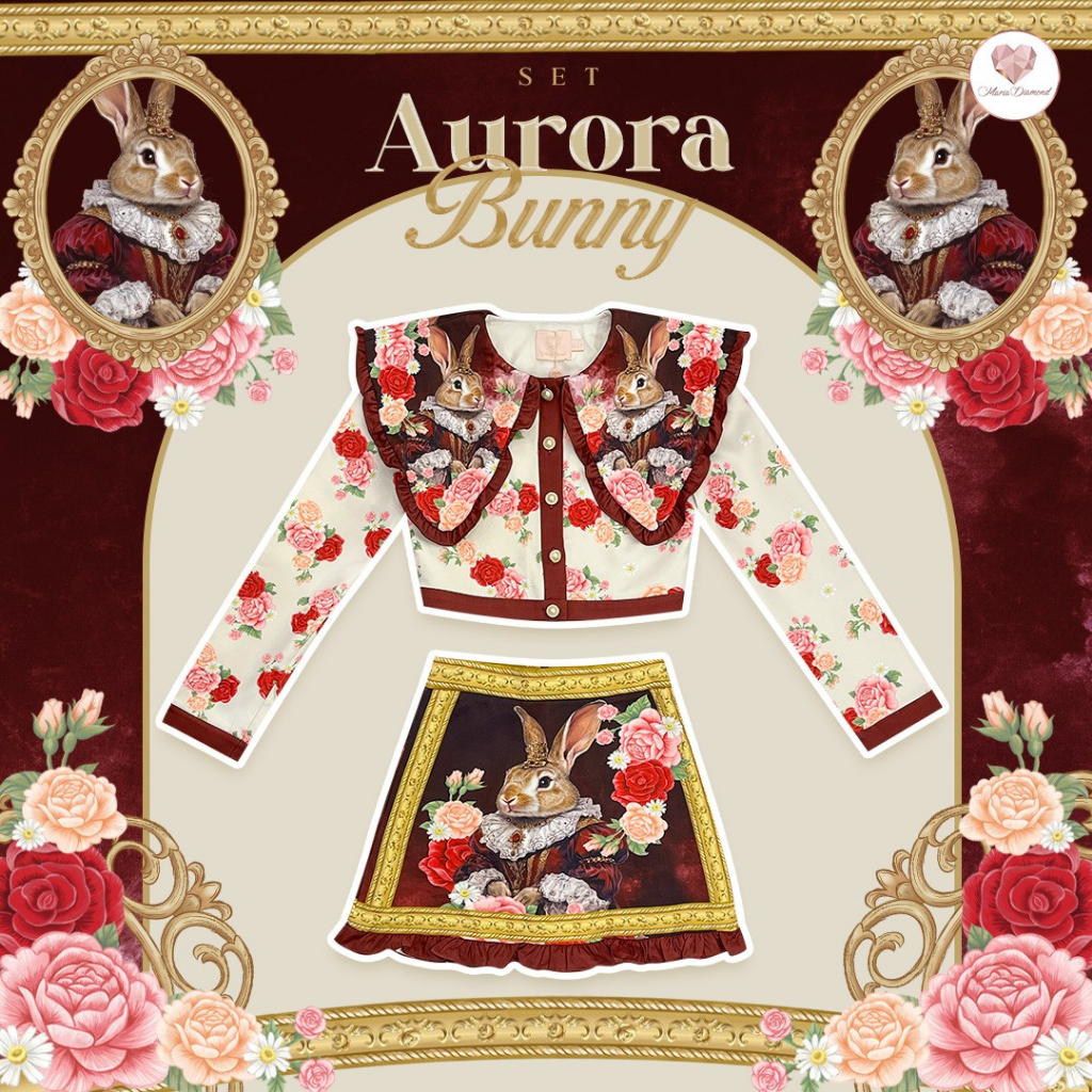 Aurora Bunny Set เซ็ต 2 ชิ้น วินเทจ ผ้าเปเป้พิมพ์ลาย เสื้อกระดุมหน้าปก ...