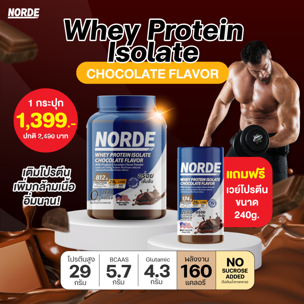 Norde Whey Protein Isolate เวย์โปรตีน ไอโซเลท รสช็อกฯ โปรตีนสูง 29g เสริมสร้างกล้ามเนื้อ กระปุก ...