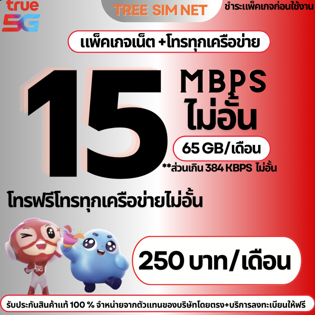ซิมเทพทรู True เน็ตไม่อั้น ไม่ลดสปีด 15Mbps (65GB) พร้อมโทรฟรีทุกเครือข่าย (ชำระโปรก่อนใช้งาน ...