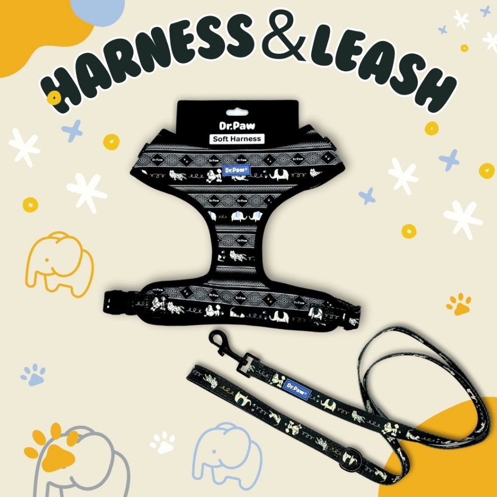 ชุดสายรัดอก + สายจูง ลายช้างสีดำ Elephant Parade Harness & Leash Set ...