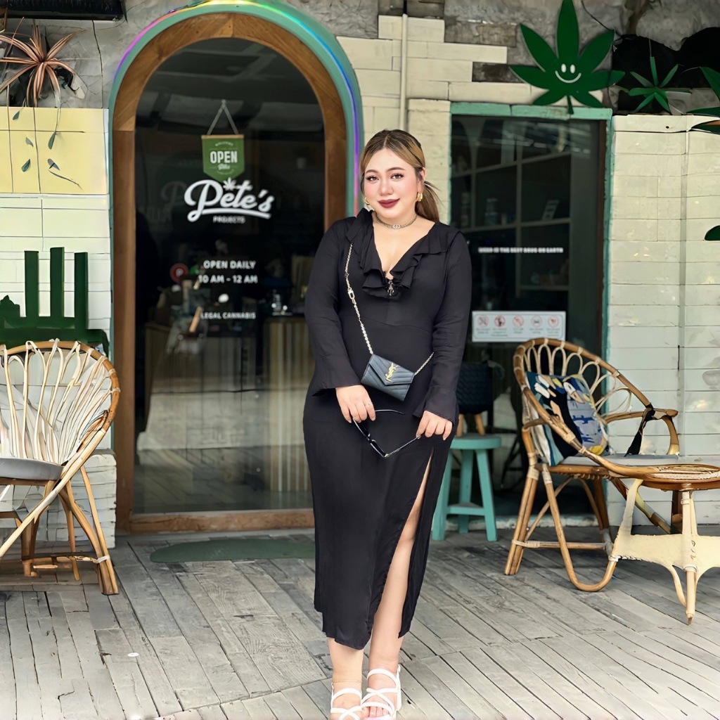 Plus size เดรสสาวอวบออกงานคอวีระบายลัคชูรี่ รุ่นมายมายด์ (l62) | Shopee Thailand