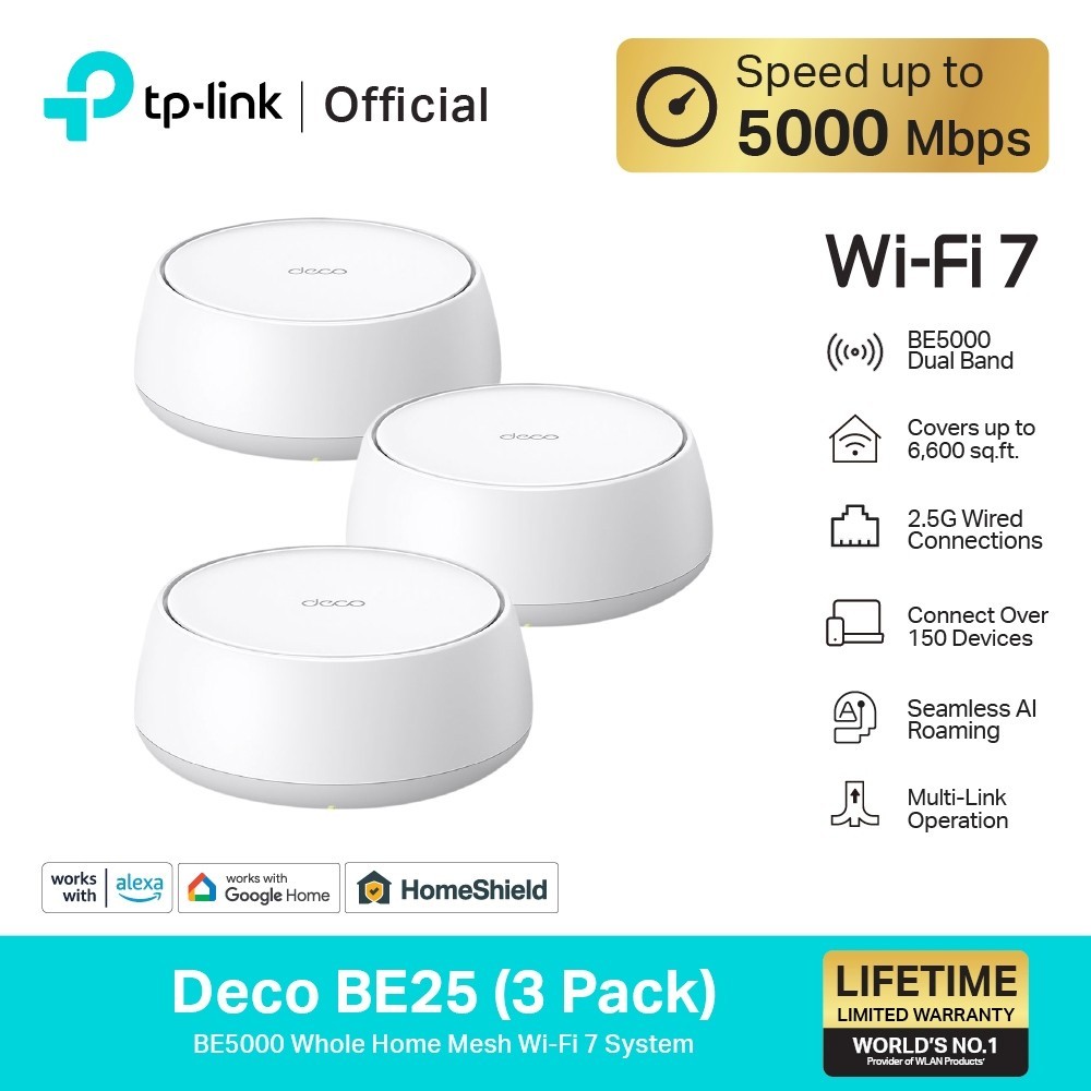 TP-LINK DECO BE25 - BE5000 (อุปกรณ์ขยายสัญญาณไวไฟ) WHOLE HOME MESH WI-FI 7 SYSTEM (1-2-3 PACK ...
