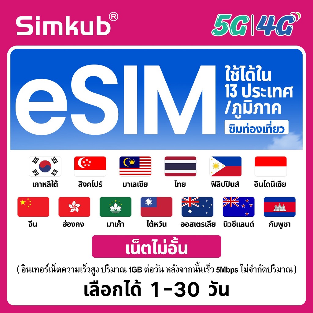eSIM 13 countries ใช้ได้ใน 13 ประเทศ/ภูมิภาค ซิมท่องเที่ยว เน็ตไม่จำกัด รองรับ 5G/4G เลือกได้ 1 ...