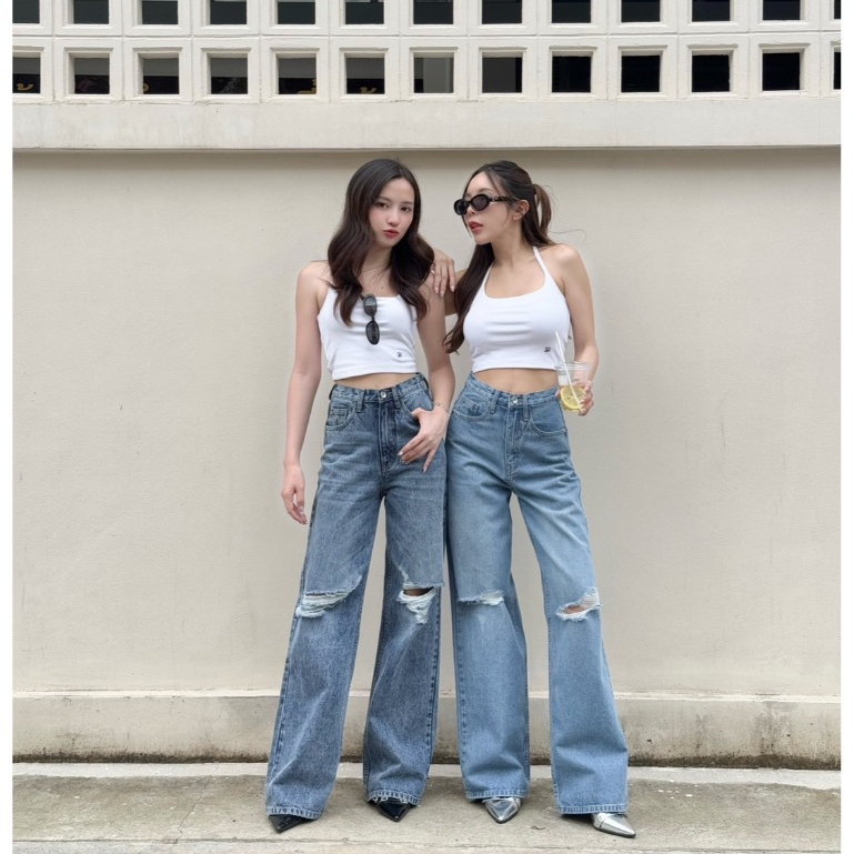 ยีนส์SARAN SP038 กางเกงยีนส์ทรงกระบอกแต่งขาด | Shopee Thailand