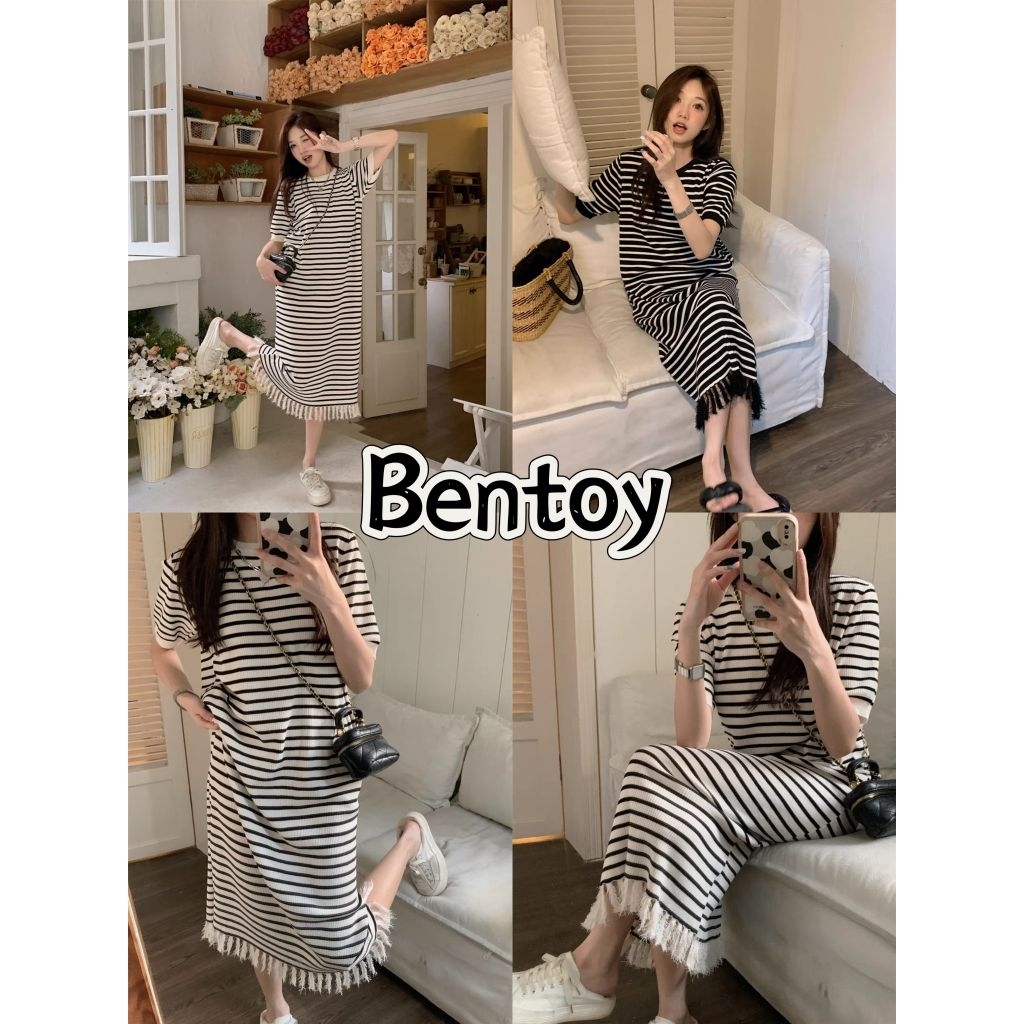 Bentoy(15XL20)ชุดเดรสไหมพรม แขนสั้นแบบยาว ลายทางสีพื้น ชุดเรียบๆง่าย ...