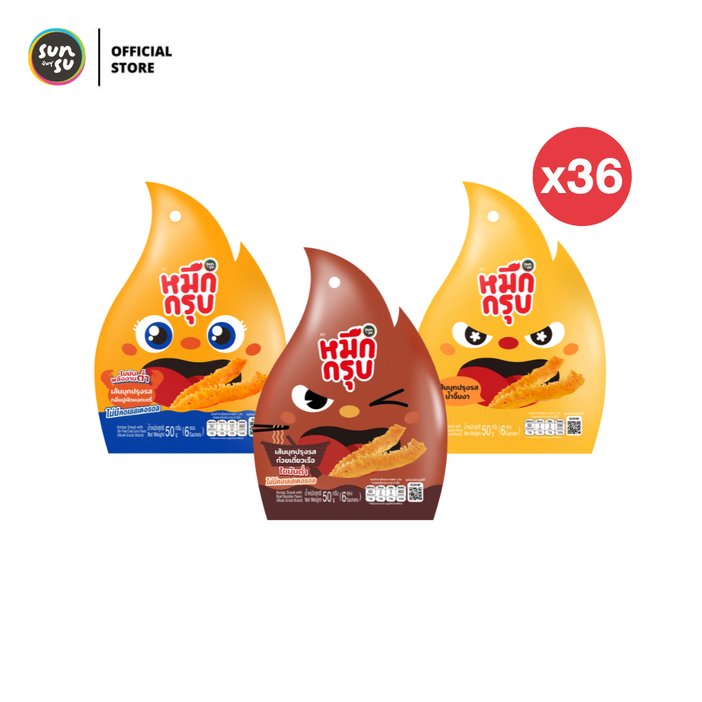 (แพ็ก 36) Muek Groob หมึกกรุบ เส้นบุกปรุงรส ใหม่! คละ 3 รสชาติใหม่ ...