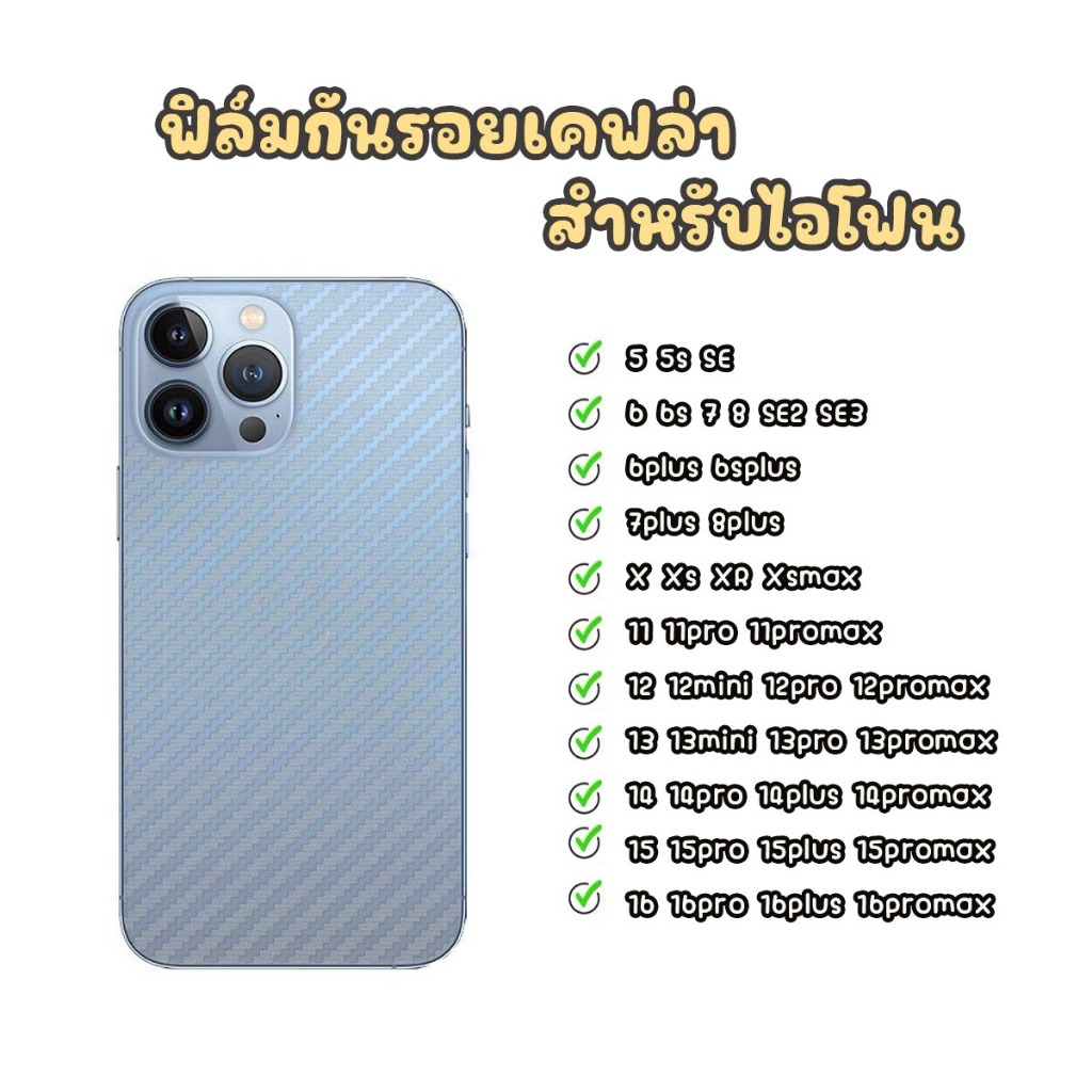 ฟิล์มกันรอยเคฟล่าหลัง สำหรับไอโฟน 5 6 6S 6s 6S+ Xs XSMAX 7+ 8 8P X Xr 11 11PRO 11promax 12promax ...
