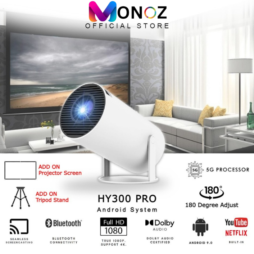 🔥สินค้าขายดี🔥 โปรเจ็กเตอร์อัจฉริยะ MONOZ HY300 | ปรับมุมฉายได้ 180 องศา ...