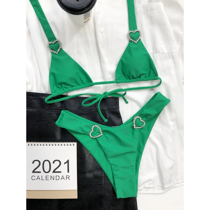2024Hot Sale Unlined Crystal Heart Swimsuit Green Swimwear Separate ...