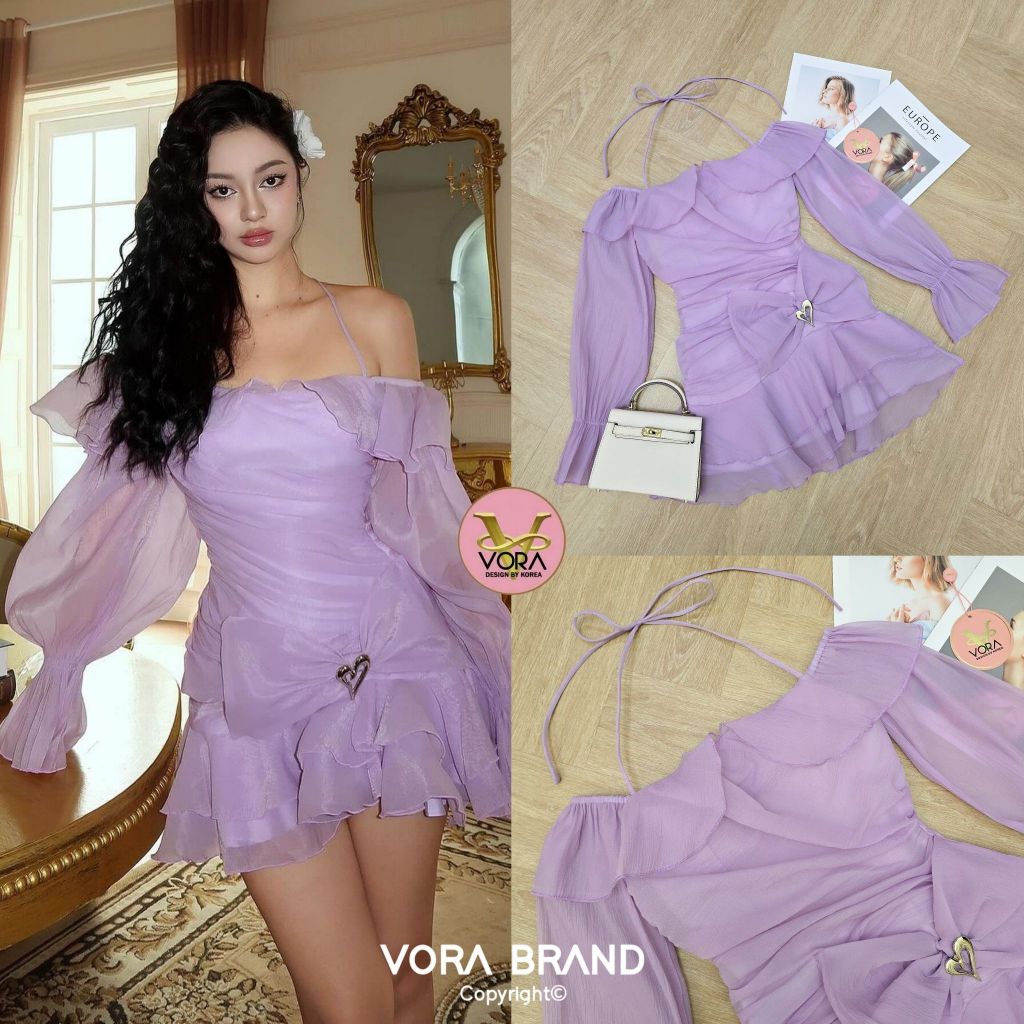 VORA Dress สั้น ปาดไหล่ แต่งสายผูกคอ(*รบกวนเช็คสต๊อกก่อนกดสั่งซื้อ) | Shopee Thailand
