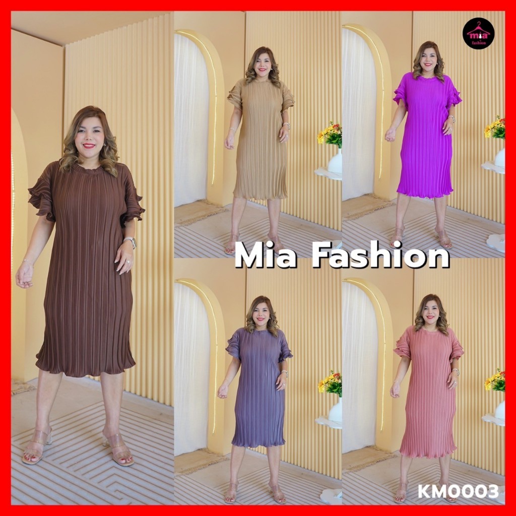 Miafashion (KM0003) เดรสอัดพลีทพรีเมี่ยมแต่งแขนพวง สาวอวบ เสื้อผ้า ผู้หญิง Dress Lady เดรสสั้น ...