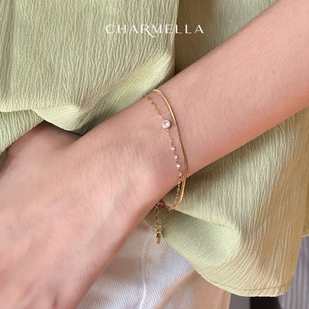 Charmella สร้อยข้อมือสแตนเลส ดีไซน์โซ่คู่ จี้เพชรเม็ดเล็ก สไตล์มินิมอล ...