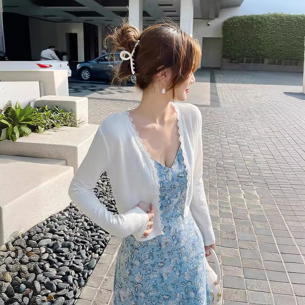 [YF13] เสื้อยืดแขนยาว กันแดด กันลม เสื้อคุมไหมพรมแต่งลูกไม้ ครอปผู้หญิง ...