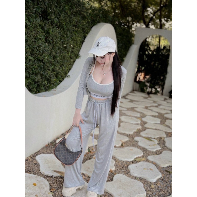 Phapassz - Set เสื้อสายเดี่ยวแต่งยาง Ck เสื้อคลุมแขน กางเกงขายาวมีกระเป๋าสองข้าง เท่สุด Nicha ...