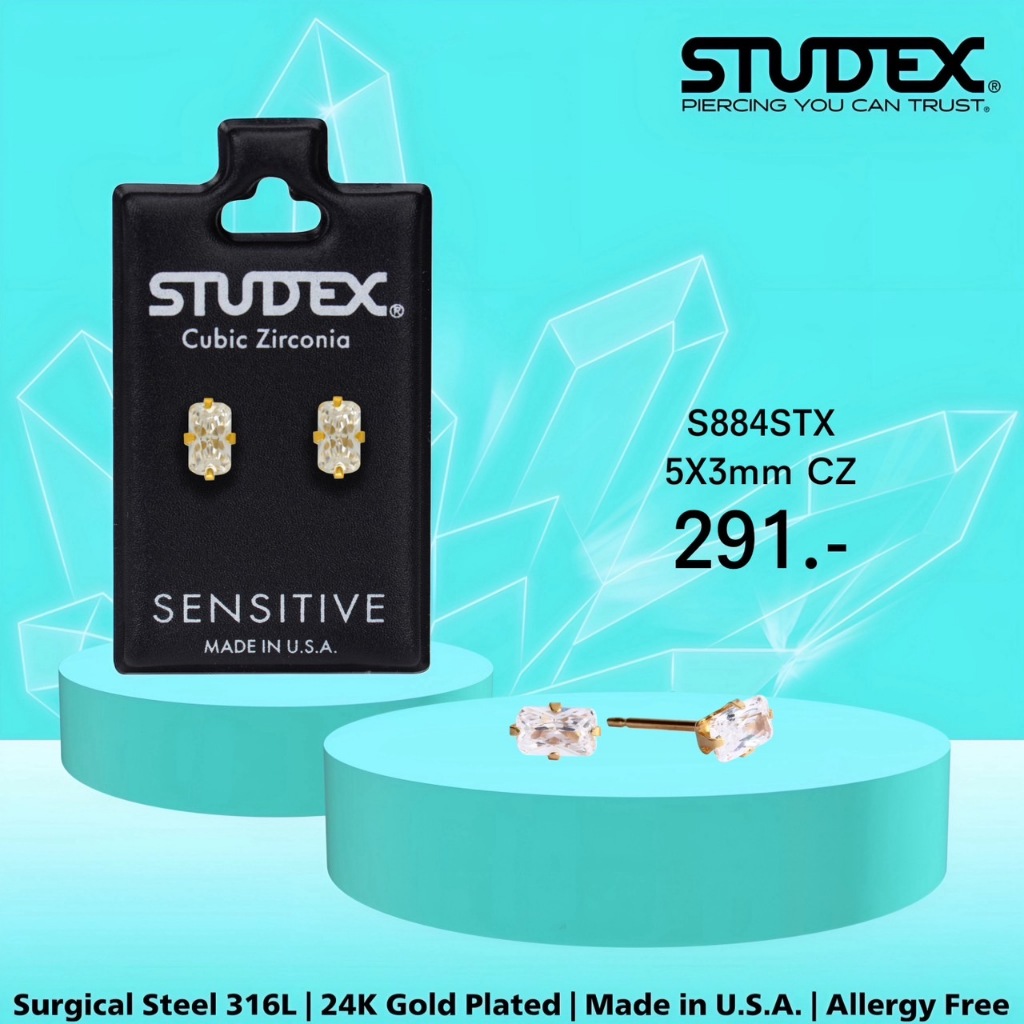 STUDEX S884STX ต่างหูแฟชั่นสำหรับหูแพ้ง่าย เคลือบทอง 24K 5X3MM CZ | Shopee Thailand