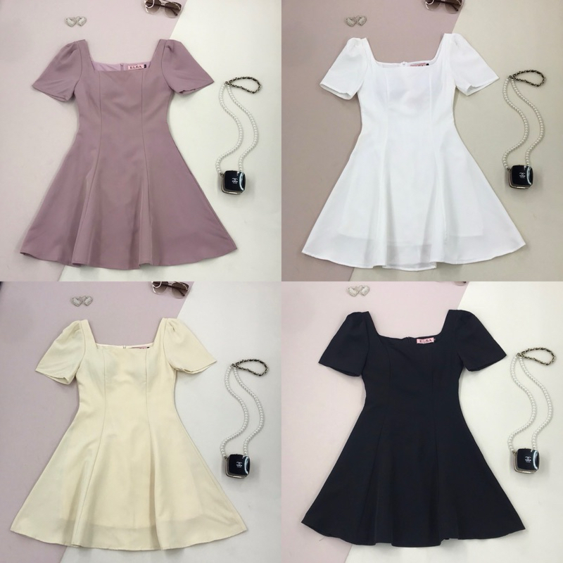 [ELSA] Y076 ชุดเดรสกระโปรงบานคอเหลี่ยมแขนสั้นซิปซ่อนด้านหลัง ทรงสวย ...