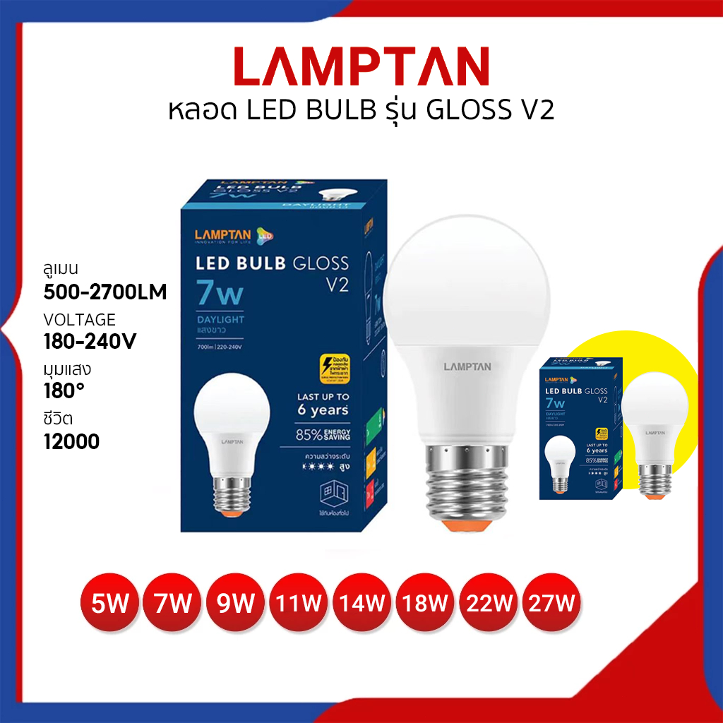 Lamptan LED BULB NEW GLOSS สว่างขึ้น(12,000ชม.)หลอดไฟ แลมป์ 5W,7W,9W ...