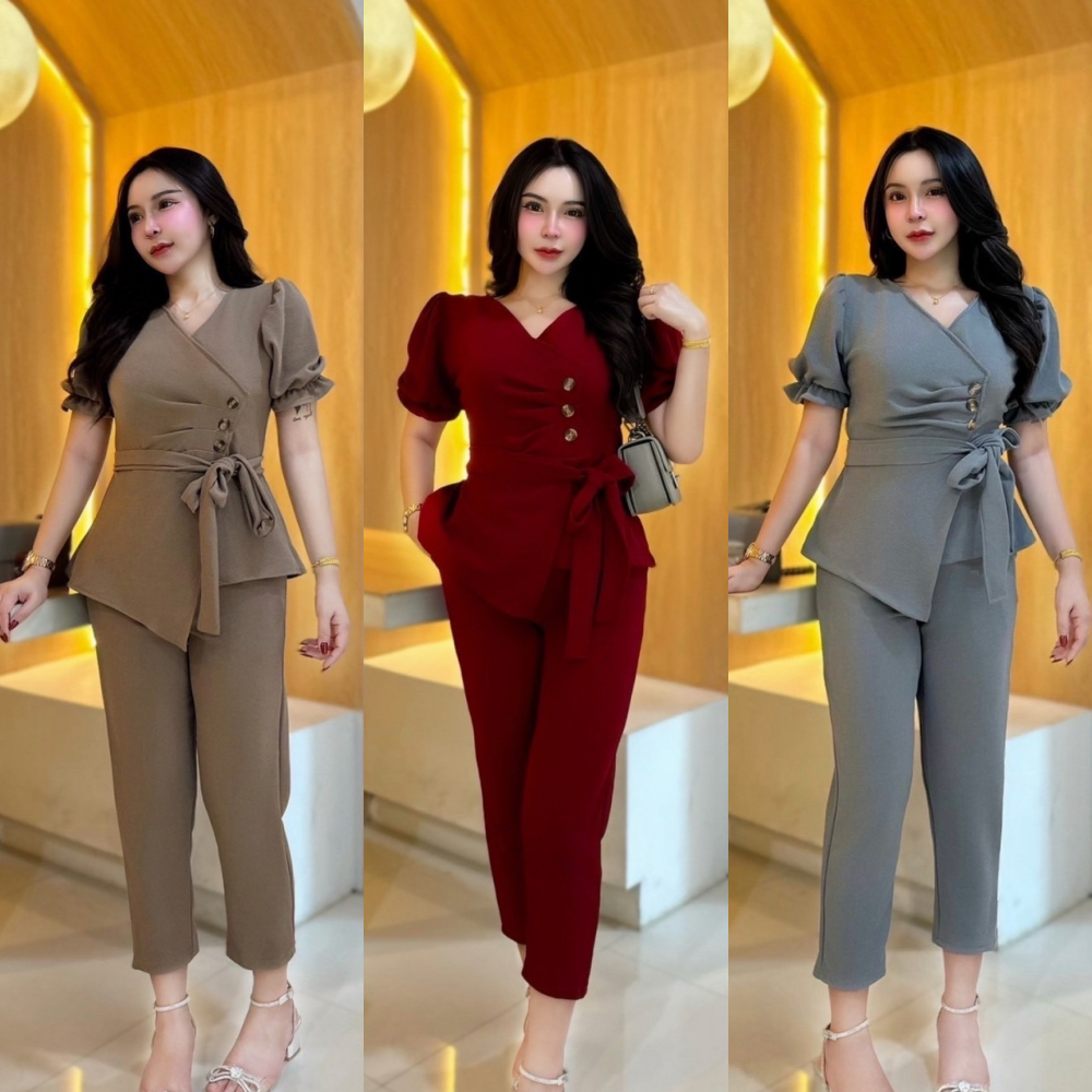 สินค้าพร้อมส่ง ชุดเซตผ้าวูลเวฟ เสื้อแขนตุ๊กตาจีบข้างแต่งกระดุมสม็อคหลัง ...