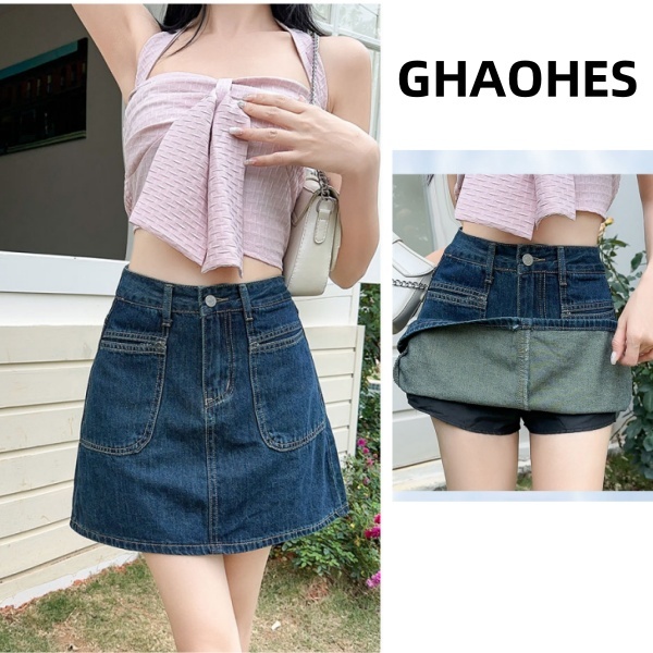 GHAOHES กระโปรงยีนส์สั้นสีน้ำเงิน มีซับใน ผ้าไม่ยืด กระโปรงมิดี้ผู้หญิงแบบเรียบวินเทจ AV99 ...