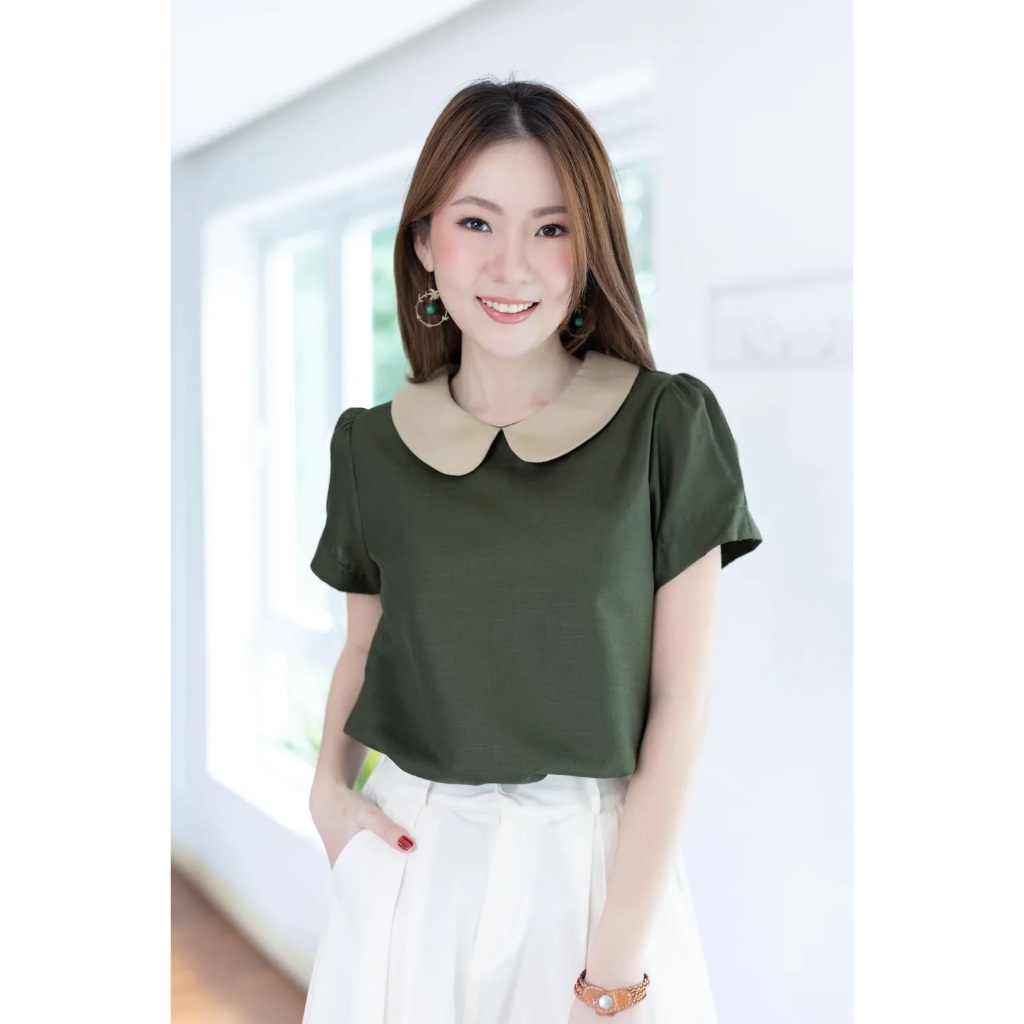 Narinari : MT0106 Peter Pan Collar Folded Sleeve Blouse เสื้อทำงานผ้าลินิน+ผ้าอัดย่น | Shopee ...